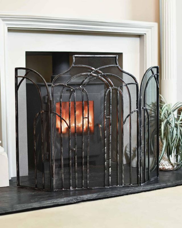 Antique Silver Arched Three Fold Fire Guard | Black Country Metalworks