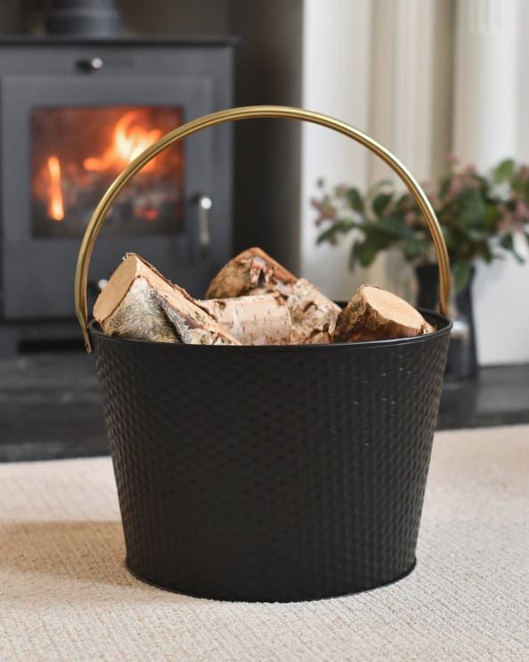 Black & Gold Dimpled Steel Log Basket - 38cm | Black Country Metalworks