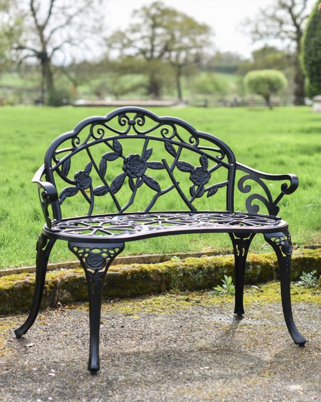 Aged Black "Tri-Floral" Two Seater Garden Bench | Black Country Metalworks
