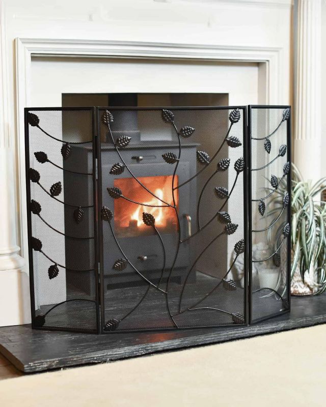 Black Three Fold Fire Guard with Leaf Detailing - 100cm | Black Country ...