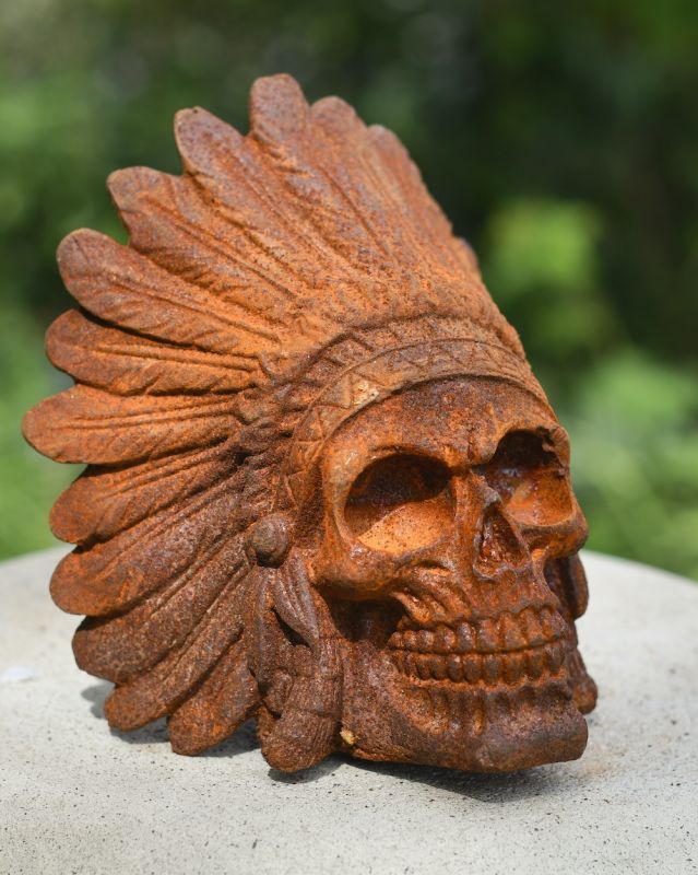 Cast Iron Skull in Headdress Garden Ornament | Black Country Metalworks