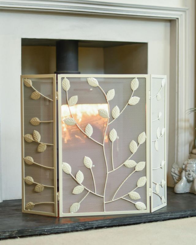 Cream Rectangular Three Fold Fire Guard with Leaf Pattern | Black ...