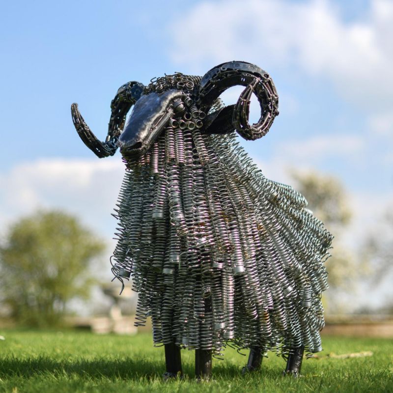 Deluxe Recycled Twisted Metal Ram Garden Sculpture - Life Size Outdoor ...