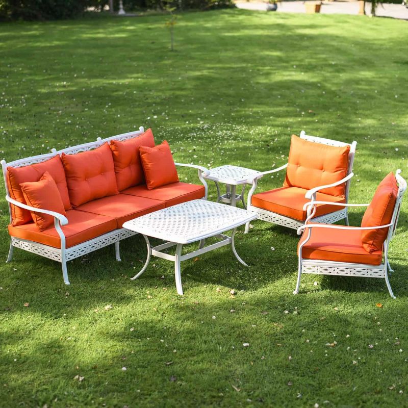 Deluxe White "Elmswood" Outdoor Five Seater Sofa, Table & Chair Set ...