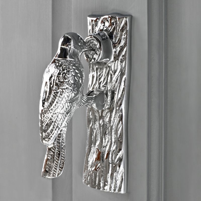 Bright Chrome Woodpecker Door Knocker | Black Country Metalworks
