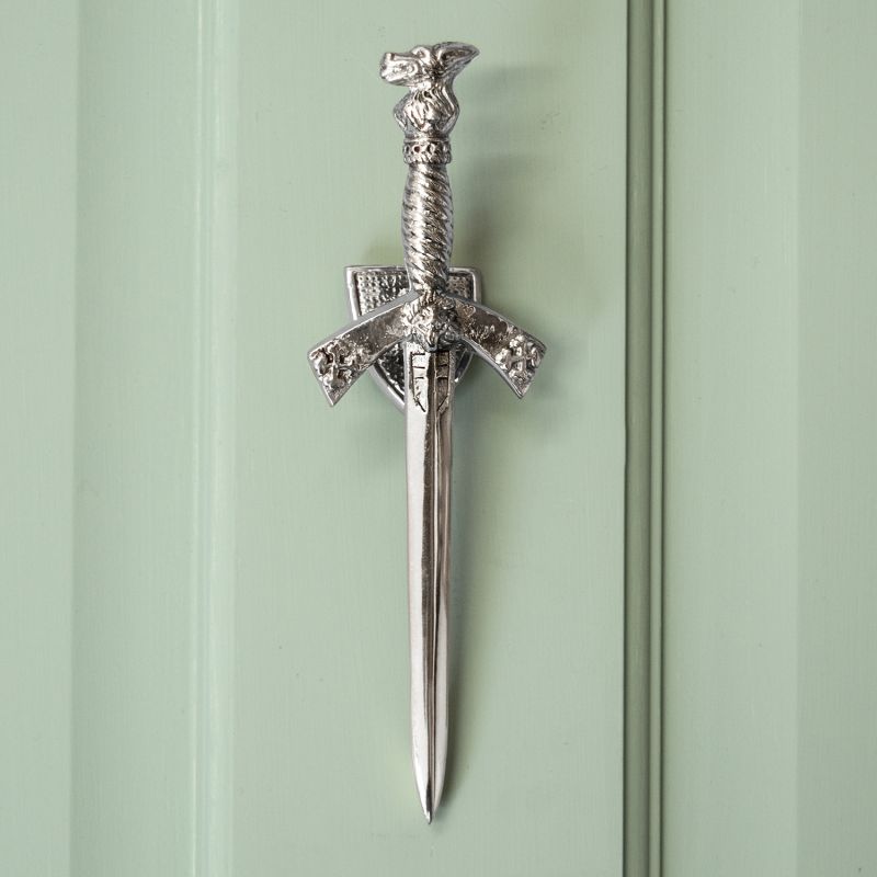 “Heraldic Sword” Bright Chrome Door Knocker | Black Country Metalworks
