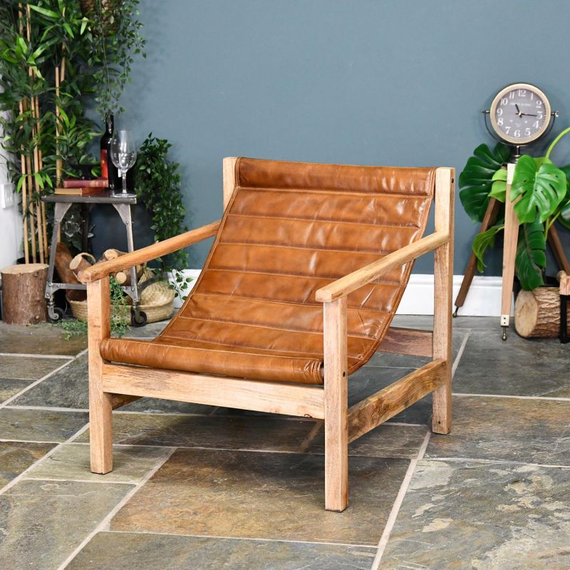 "The Barford" Mango Wood & Tan Leather Relax Chair | Black Country ...