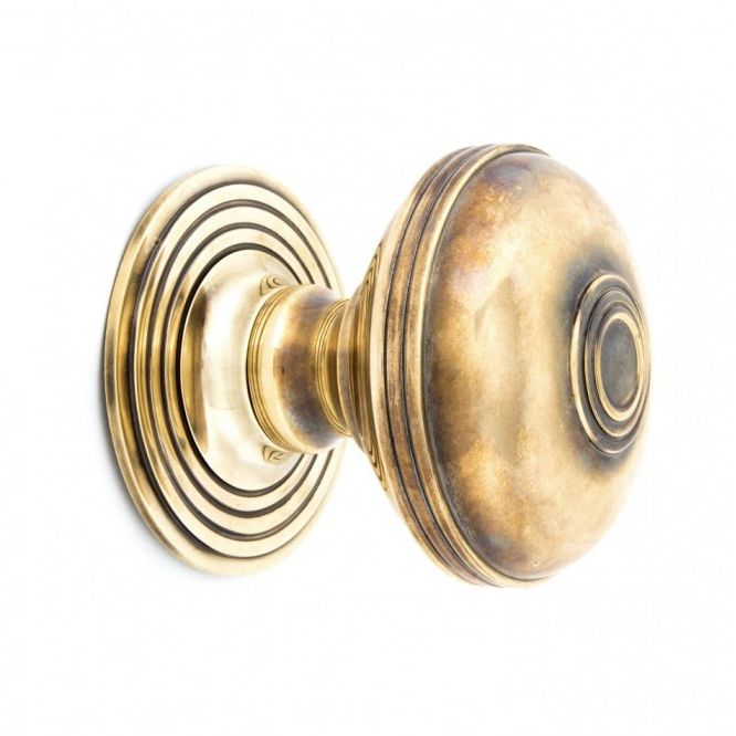 Ribbed Antique Brass Centre Door Knob Set | Black Country Metalworks