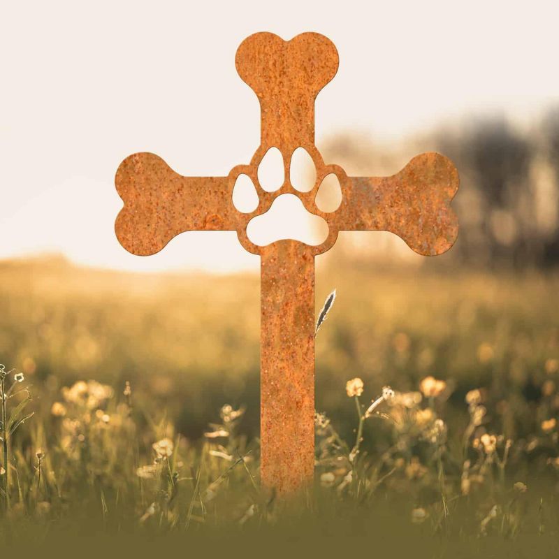 Paw Print on Dog Bone Cross Grave Marker Ground Spike in Rustic Finish ...