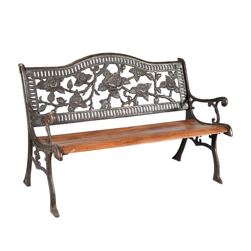 'Melrose' Rustic Rose Cast Iron & Wood Bench | Black Country Metalworks