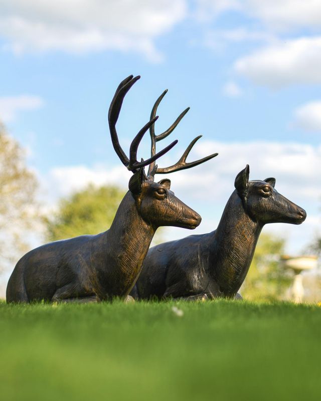 Sitting Stag & Doe Cast Aluminium Sculptures | Black Country Metalworks