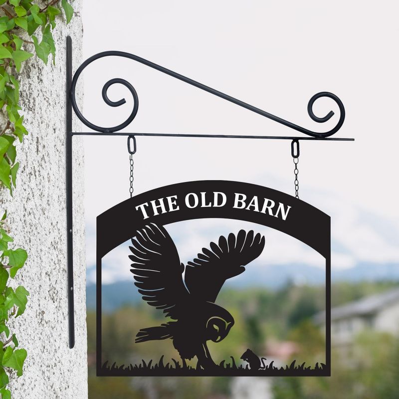 Stunning Steel Barn Owl Hanging House Name Sign | Black Country Metalworks