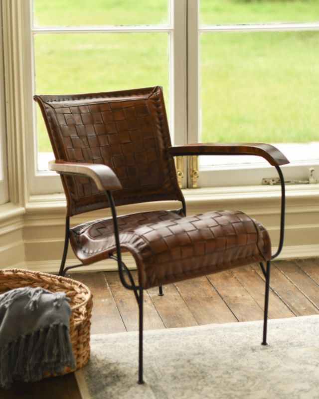 The "Weaver" Tan Leather & Wood Armchair | Black Country Metalworks