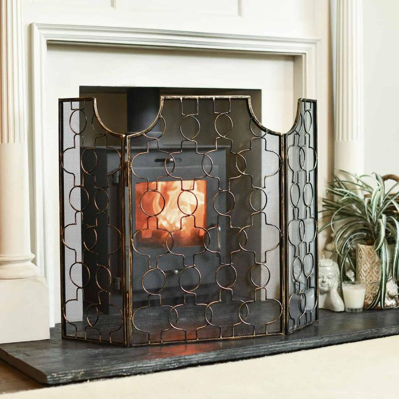 Gold Wash Gothic Three Fold Fire Guard | Black Country Metalworks