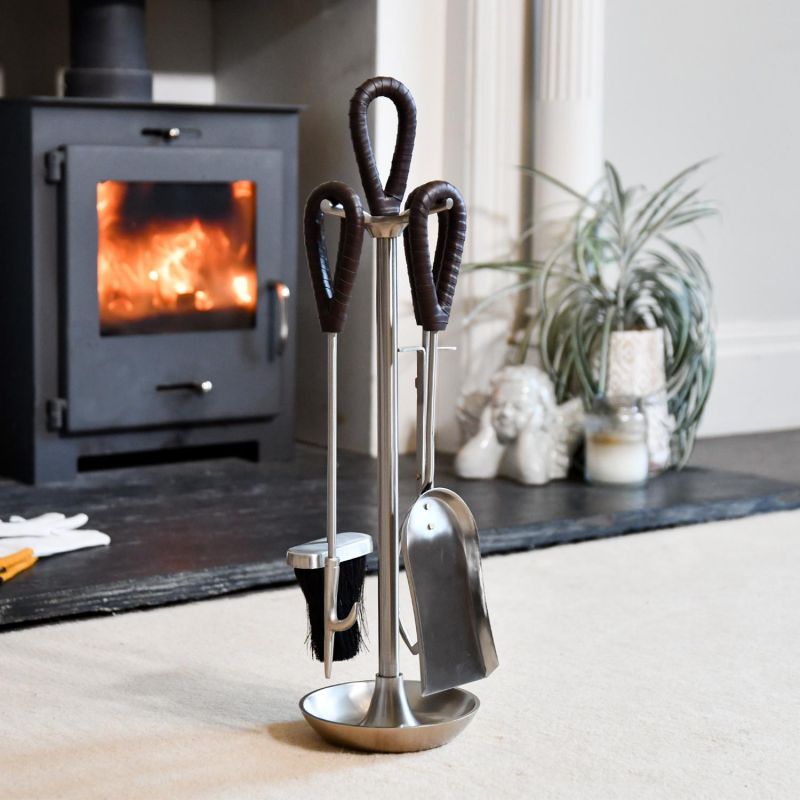 "Tundra" Pewter Companion Set With Leather Handles 63cm | Black Country ...