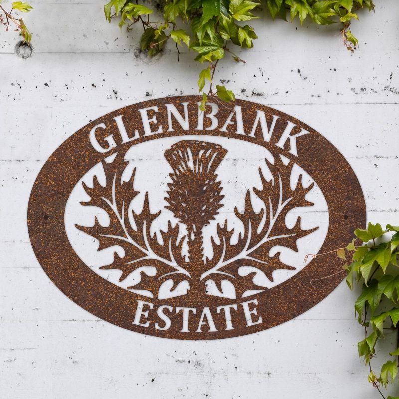 Rustic 'Thistle' Steel Oval House Name Sign | Black Country Metalworks