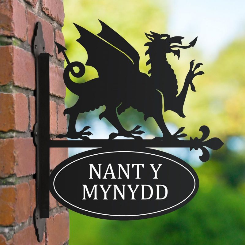 Welsh Dragon Steel Bracketed House Name Sign | Black Country Metalworks