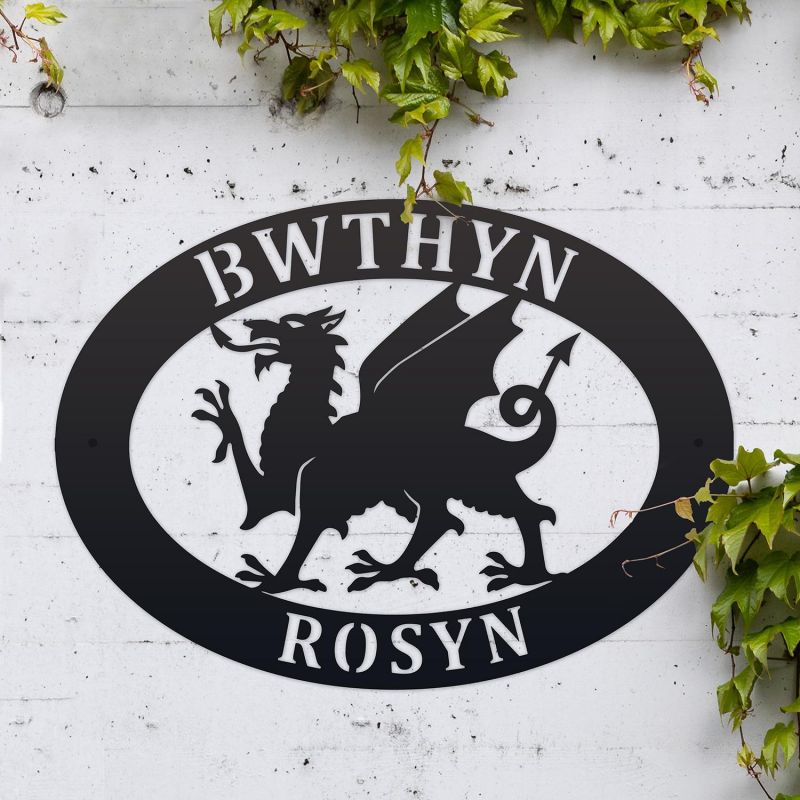 Black 'Welsh Dragon' Iron Oval House Sign | Black Country Metalworks
