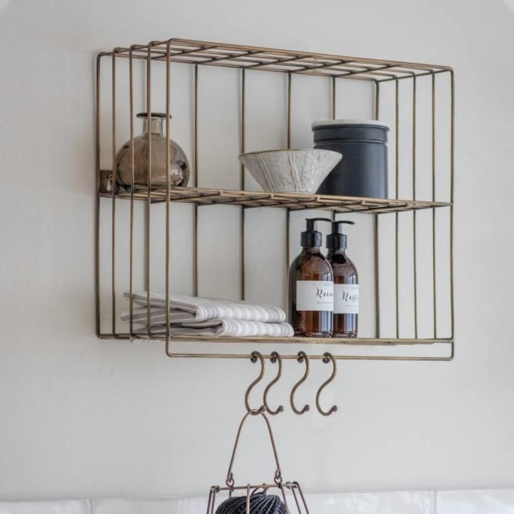 Antique Brass Wall Shelf with Hooks | Black Country Metalworks