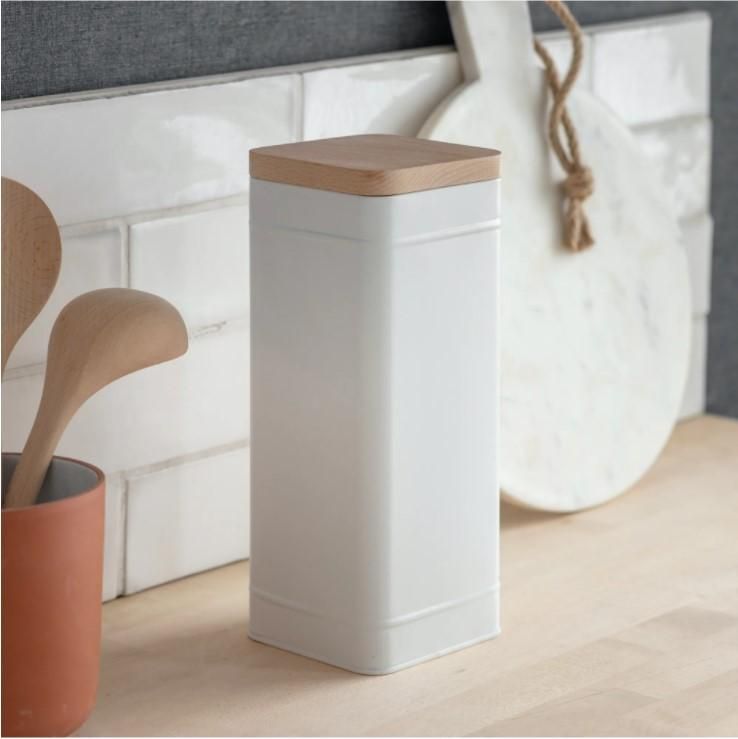 White Tall Storage Canister with Beech Wood Lid | Black Country Metalworks